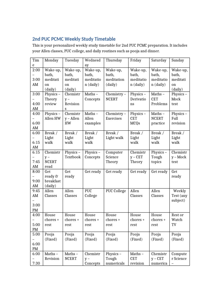 2nd PUC Weekly Study Timetable | PDF | Science | Physical Sciences