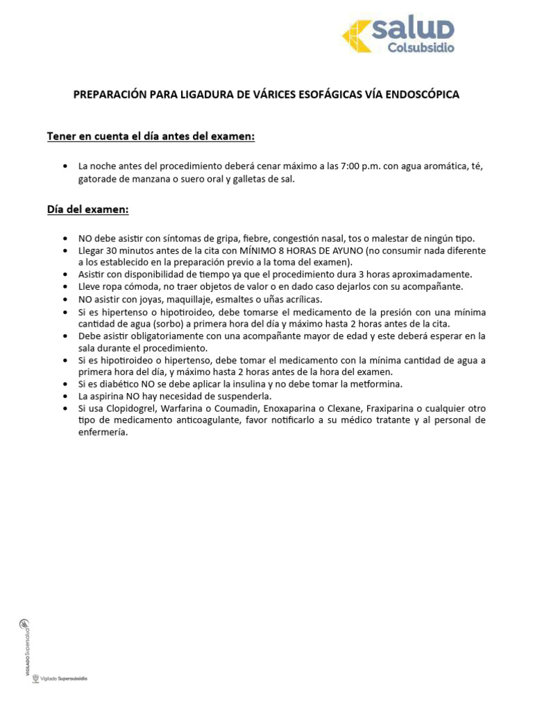 Prep Ligadura de Várices Esofágicas Vía Endoscópica | PDF