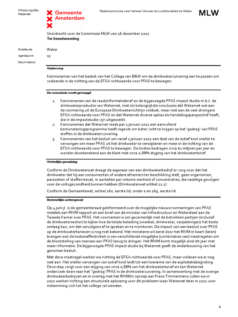 Drinkwater Zuivering Richting EFSA Richtwaarde Voor PFAS (2021) | PDF