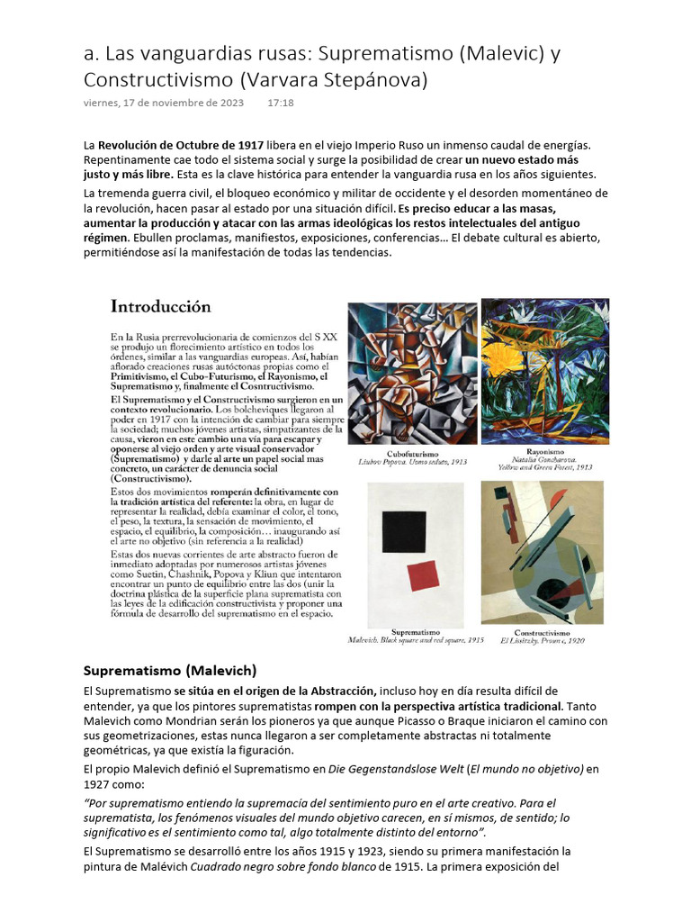 7.2.a. Las Vanguardias Rusas Suprematismo (Malevic) y Constructivismo ...