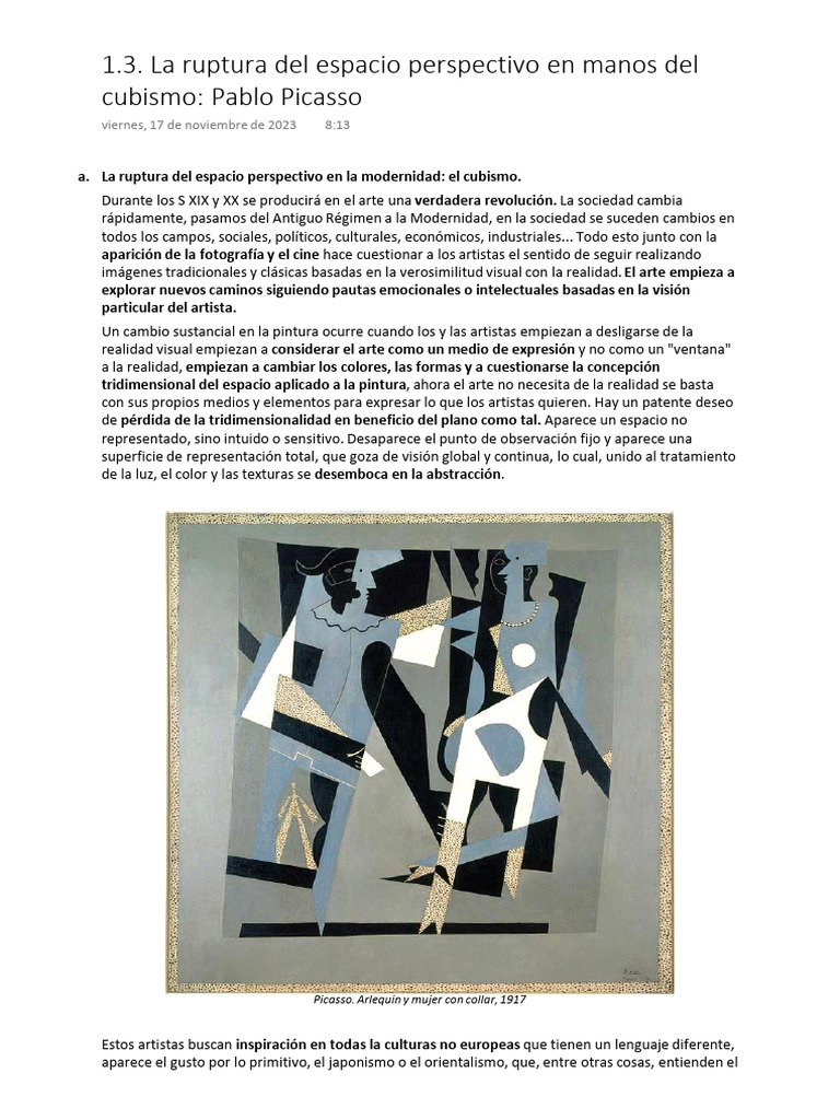 1.3. La Ruptura Del Espacio Perspectivo en Manos Del Cubismo Pablo Picasso | PDF | Cubismo ...