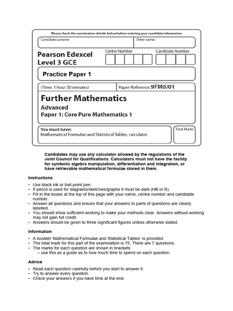 Core Pure Mathematics 1 Exam Instructions | PDF | Mathematics | Equations