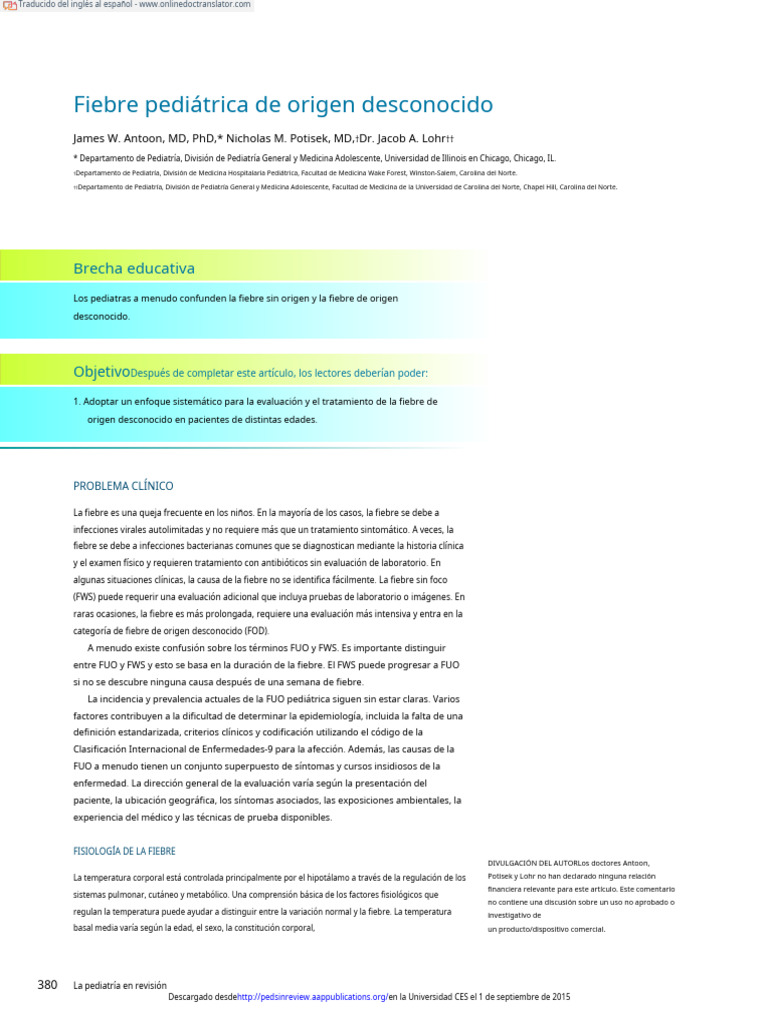 Pediatric Fever of Unknown Origin - Pediatr Rev 2015.en - Es | PDF ...