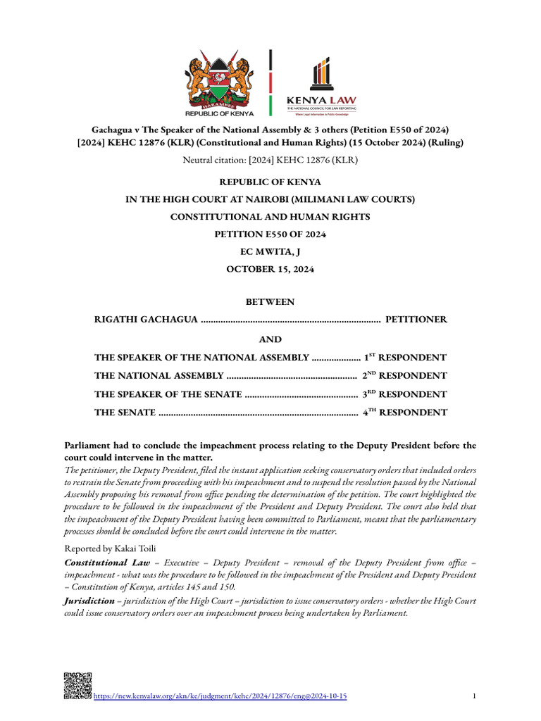 Neutral Citation: (2024) KEHC 12876 (KLR) : Constitutional Law | PDF ...