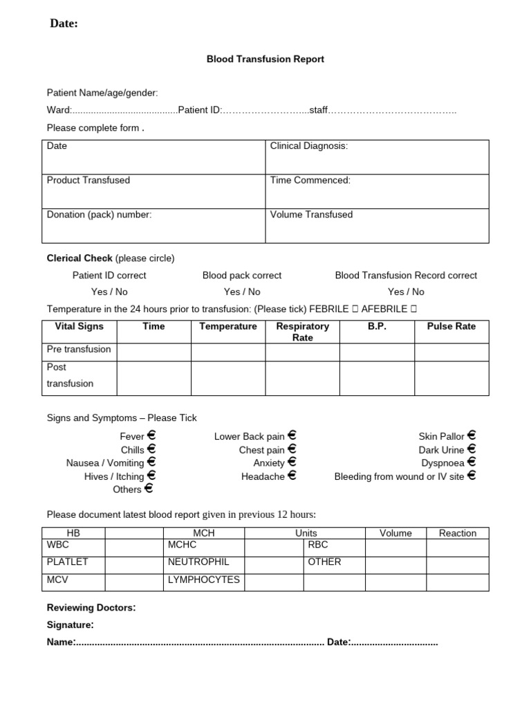 Blood Transfusion Reaction Form | PDF