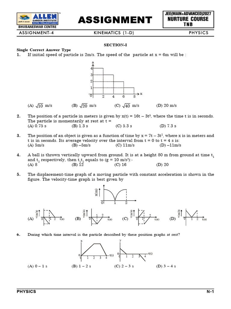 ASSIGN#04 (Kinematics - 1-D) - Phy - NURTURE - SC | PDF | Acceleration ...