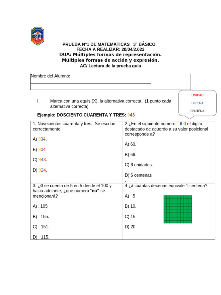 Prueba Mate 3 | PDF | Aritmética