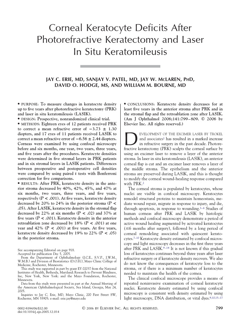Corneal Keratocyte Deficits After Photorefractive | PDF | Surgical ...