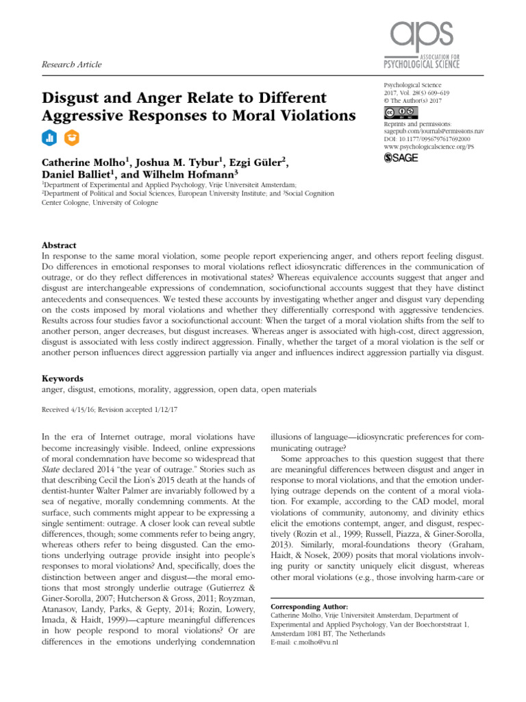 Disgust and Anger Relate To Different Aggressive Responses To Moral ...