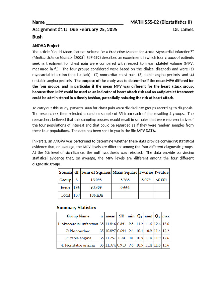 Biostats 555, Assignment 11 (From Lesson 11) ANOVA (Comparisons and Contrasts) to Post | PDF ...