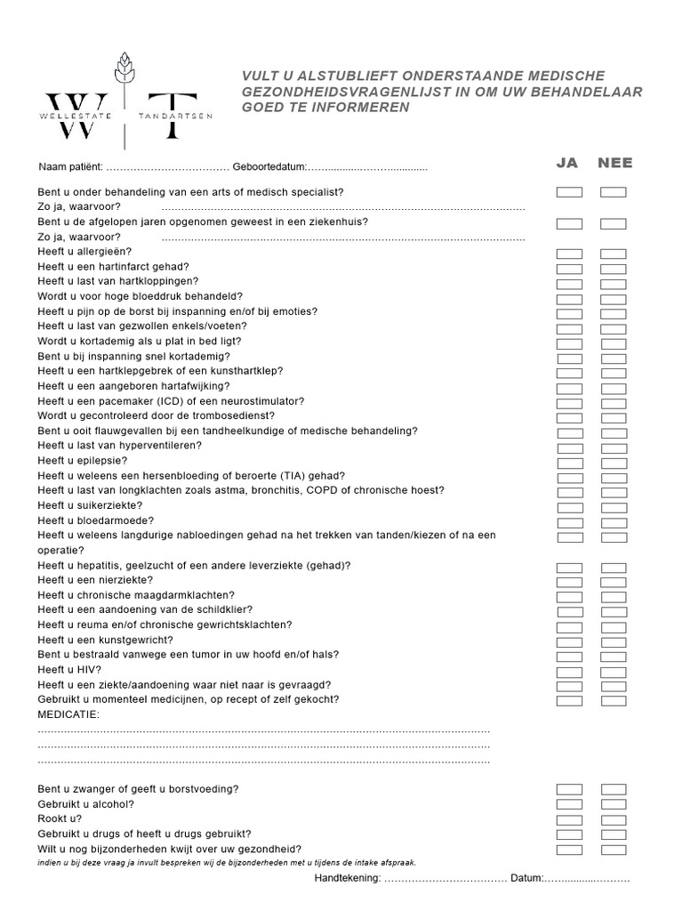 Medische Vragenlijst Wellestate | PDF