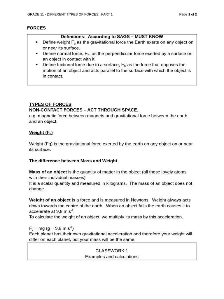 Different Types of Forces, Normal Force, Frictional Force, Gravitational Force, Tension | PDF ...