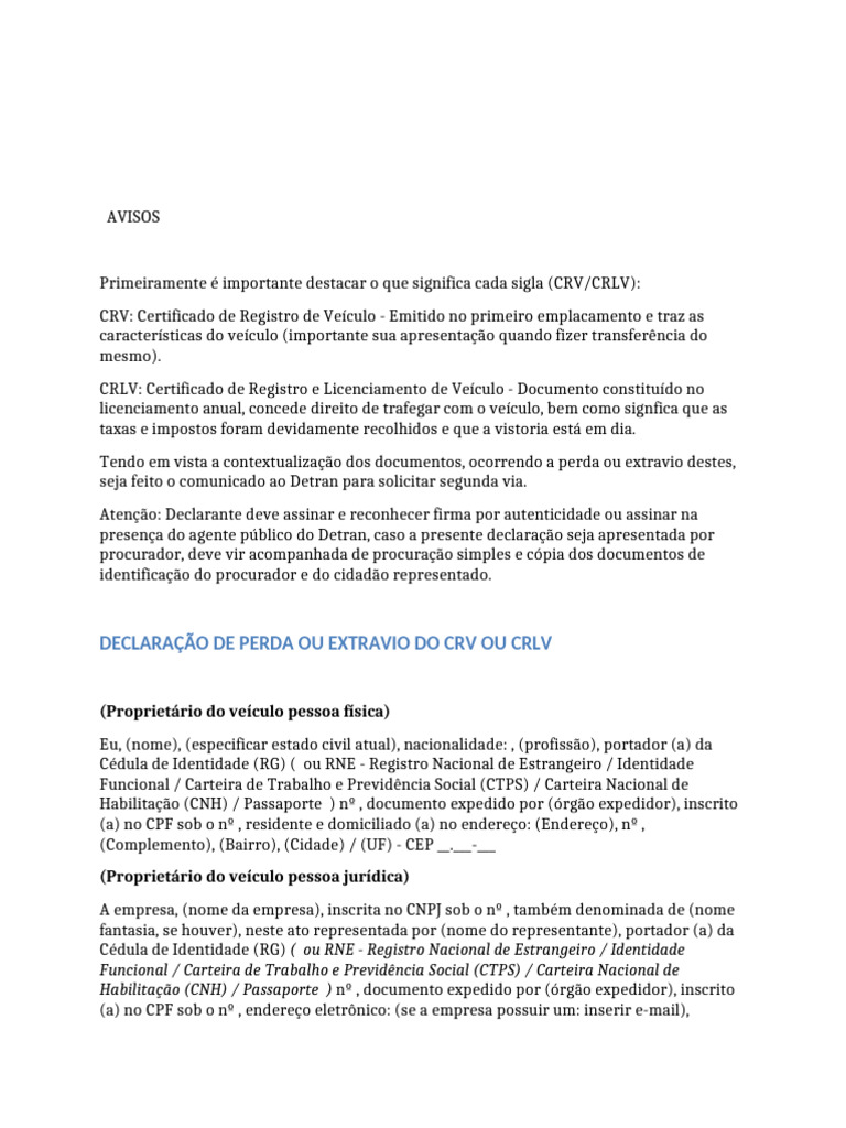 Modelo Declaracao de Perda Ou Extravio de CRV Ou CRLV | PDF