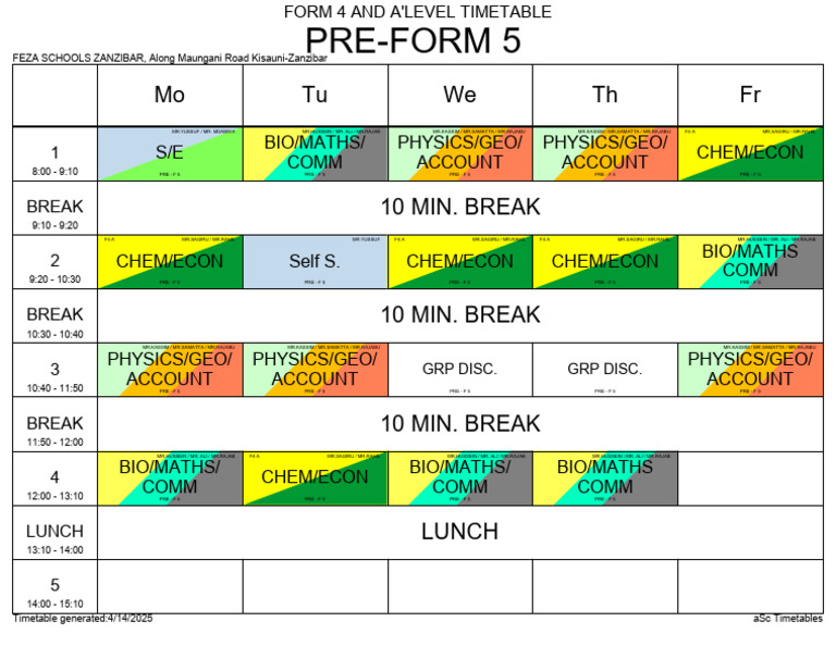 Pre-Form 5 - Class Timetable - 14TH April 2025 | PDF