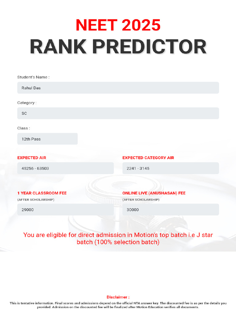 NEET 2025 Rank Prediction | PDF