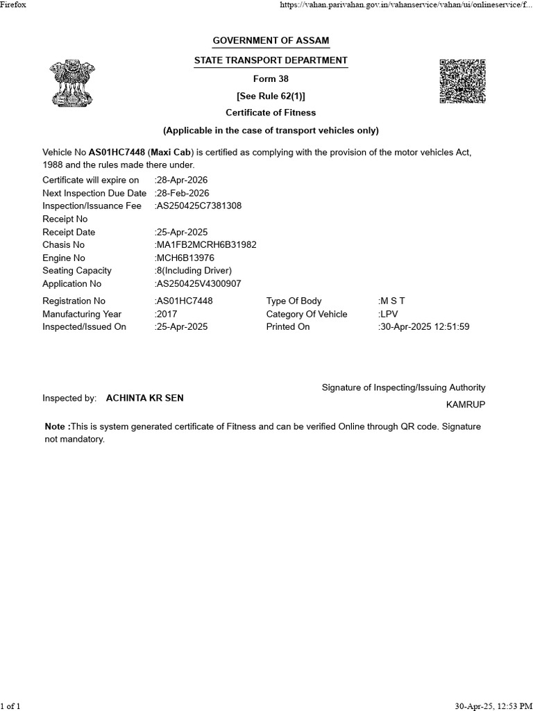 LPV Fitness Certificate for Maxi Cab | PDF
