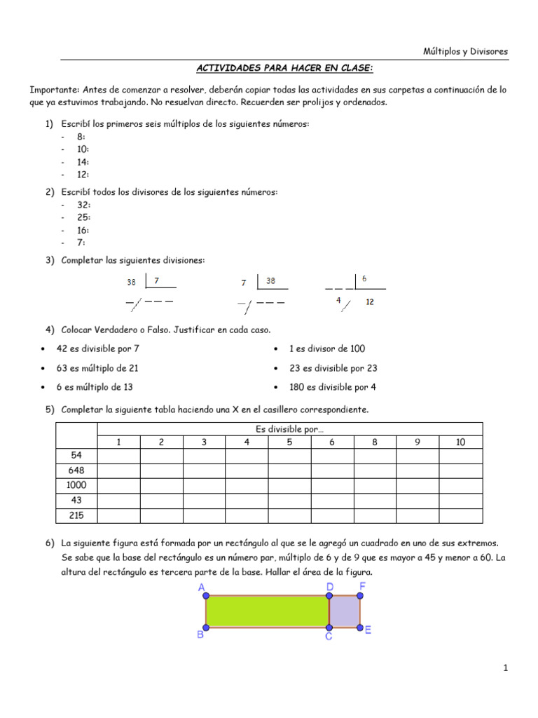7a - Múltiplos y Divisores - Actividades para Hacer en Clase. (1) 3 | PDF