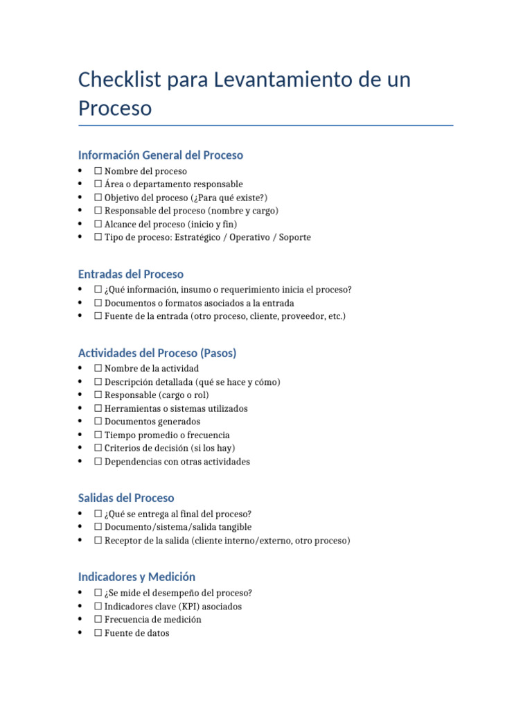 Checklist para Levantamiento de Procesos | PDF