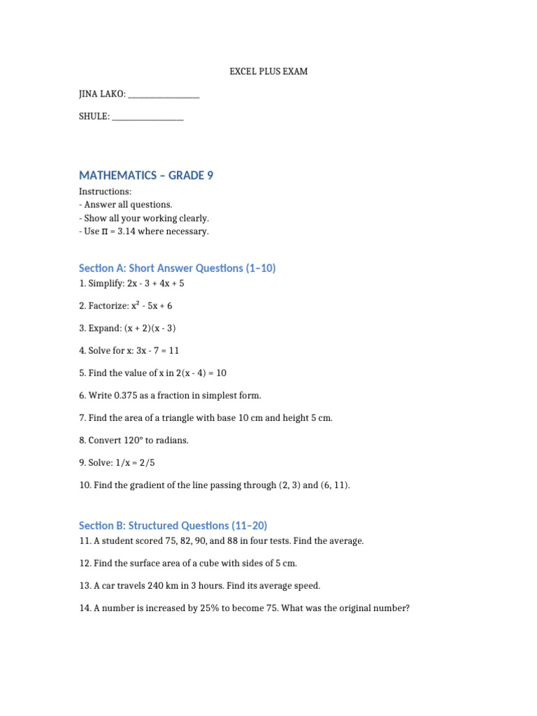 Grade 9 Mathematics Exam | PDF