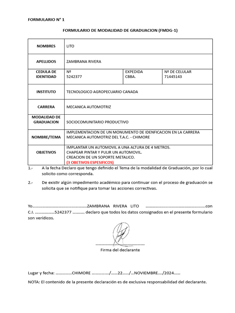 Ejemplo de Llenado Formulario N°1. | PDF
