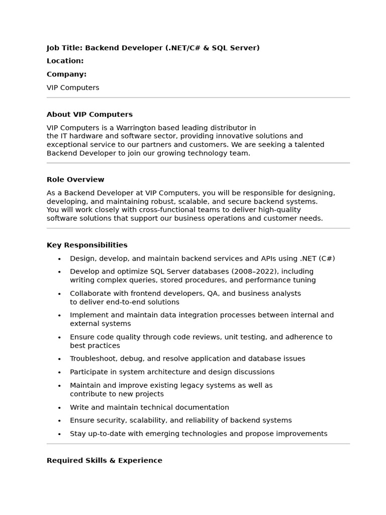 Dev Job Description 2025 | PDF | Databases | Microsoft Sql Server