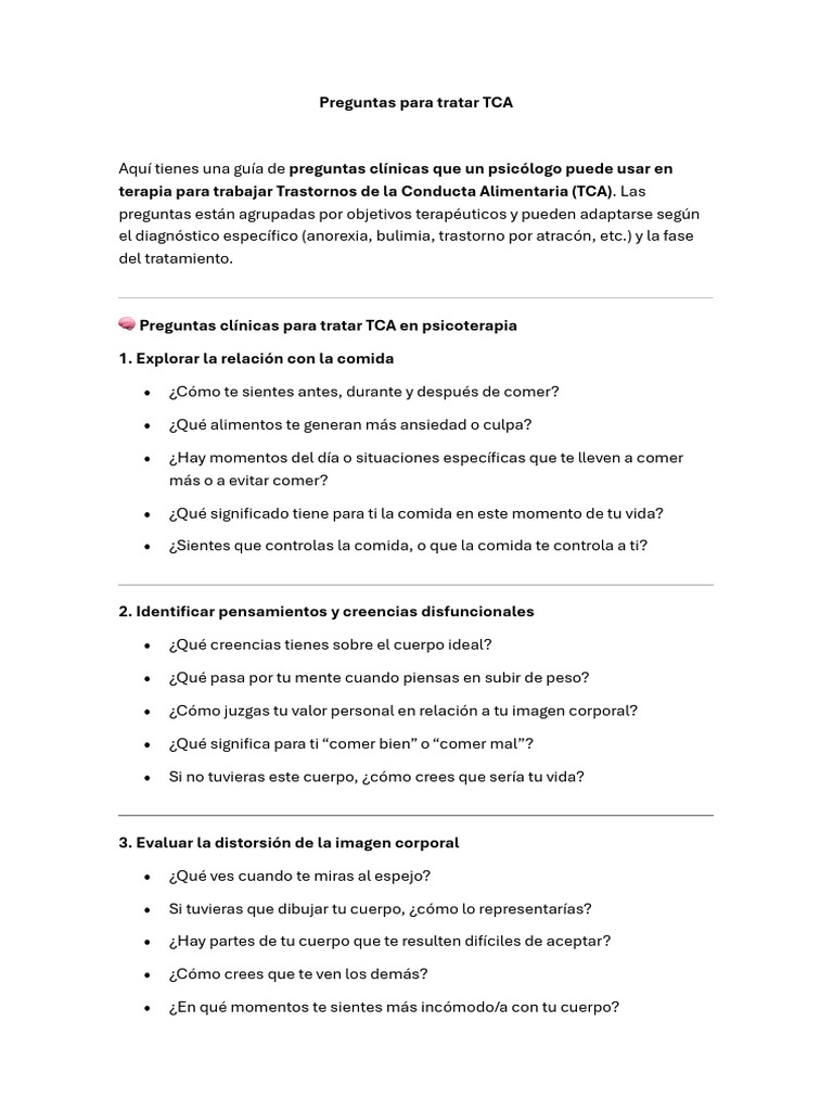 Preguntas para tratar TCA | PDF | Ciencias del comportamiento | Salud mental
