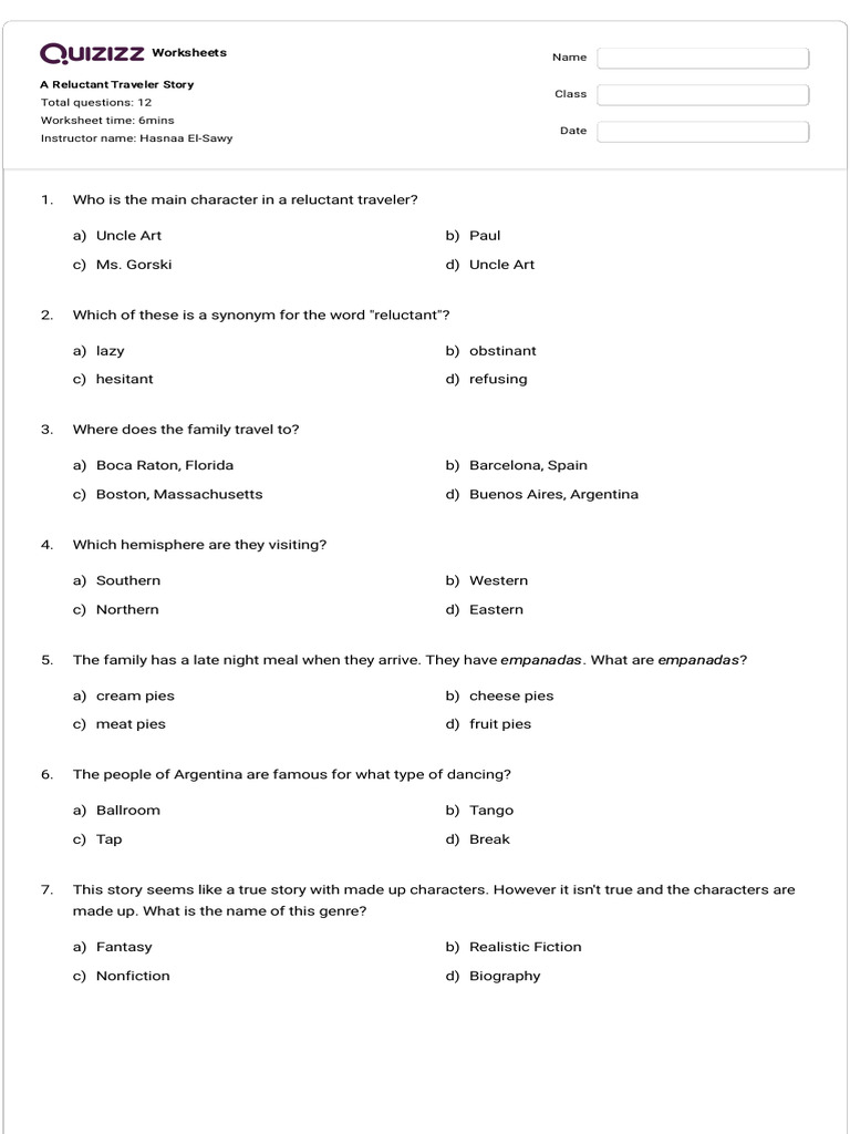 A Reluctant Traveler Story - Quizizz | PDF