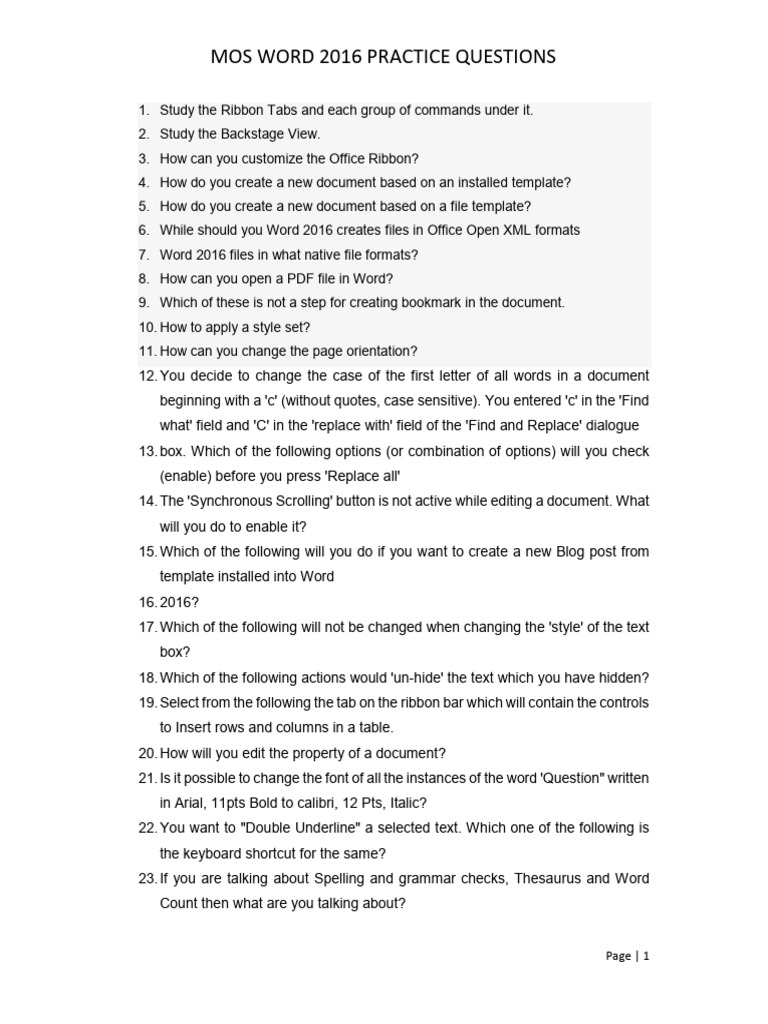 Mos Word 2016 Practice Questions | PDF | Microsoft Word | Software