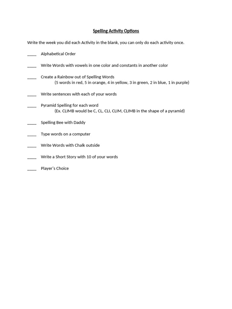 Weekly Spelling Activities | PDF