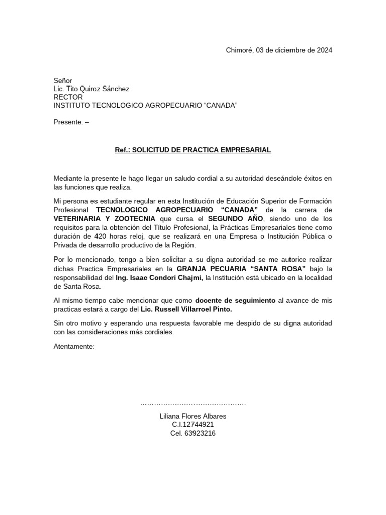 Ejemplo Solicitud de Practica Laboral | PDF