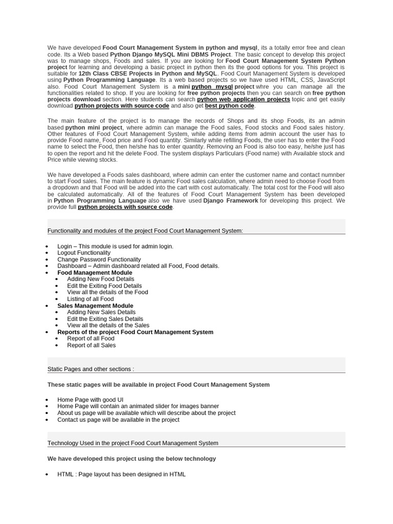 Food Court Management System Overview | PDF | Python (Programming ...