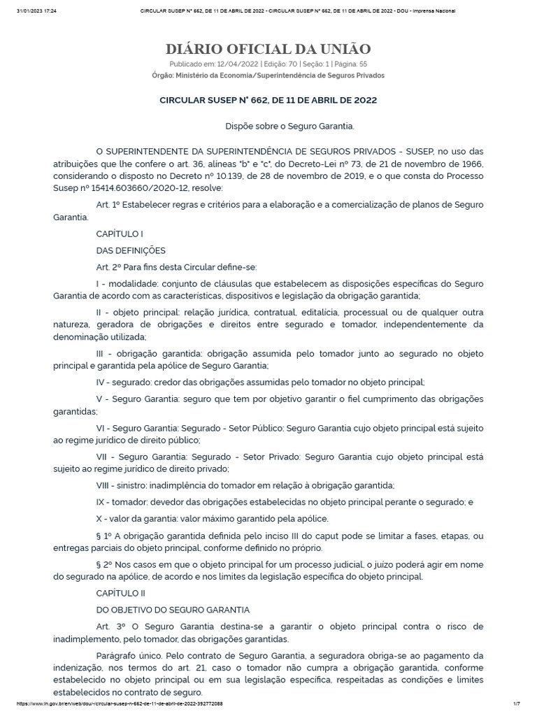 Regras do Seguro Garantia - Circular SUSEP 662 | PDF | Garantia | Seguro