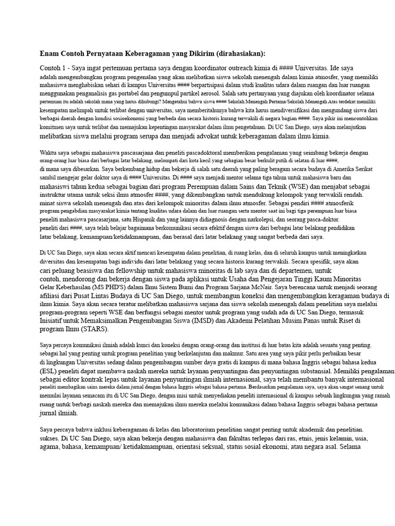 Enam Contoh Pernyataan Keberagaman Yang Dikirim (Dirahasiakan) | PDF