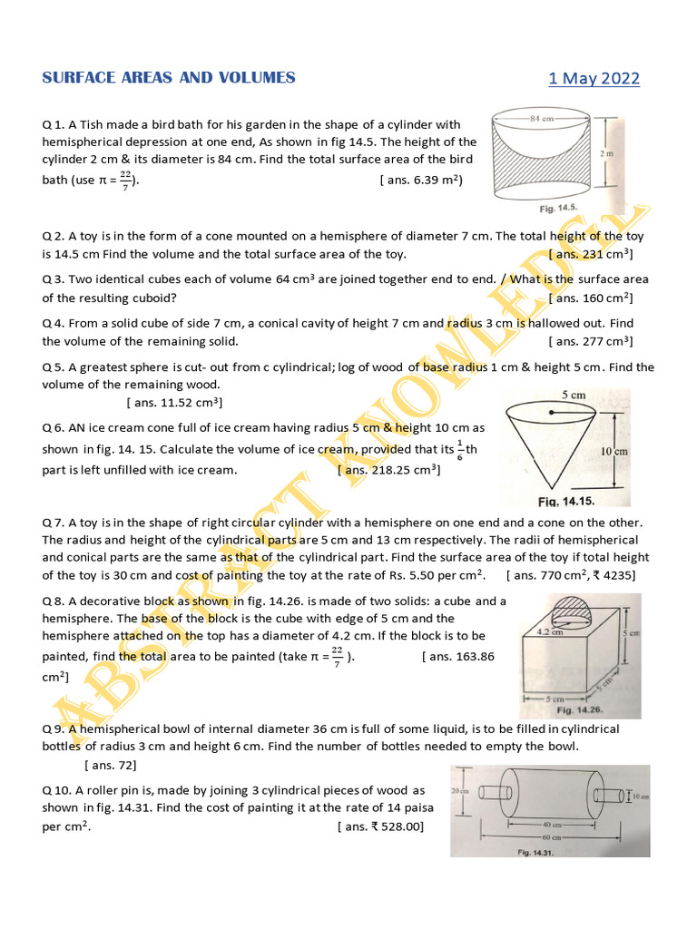 SURFACE AREAS AND VOLUMES 1 May 2022 | PDF | Sphere | Volume