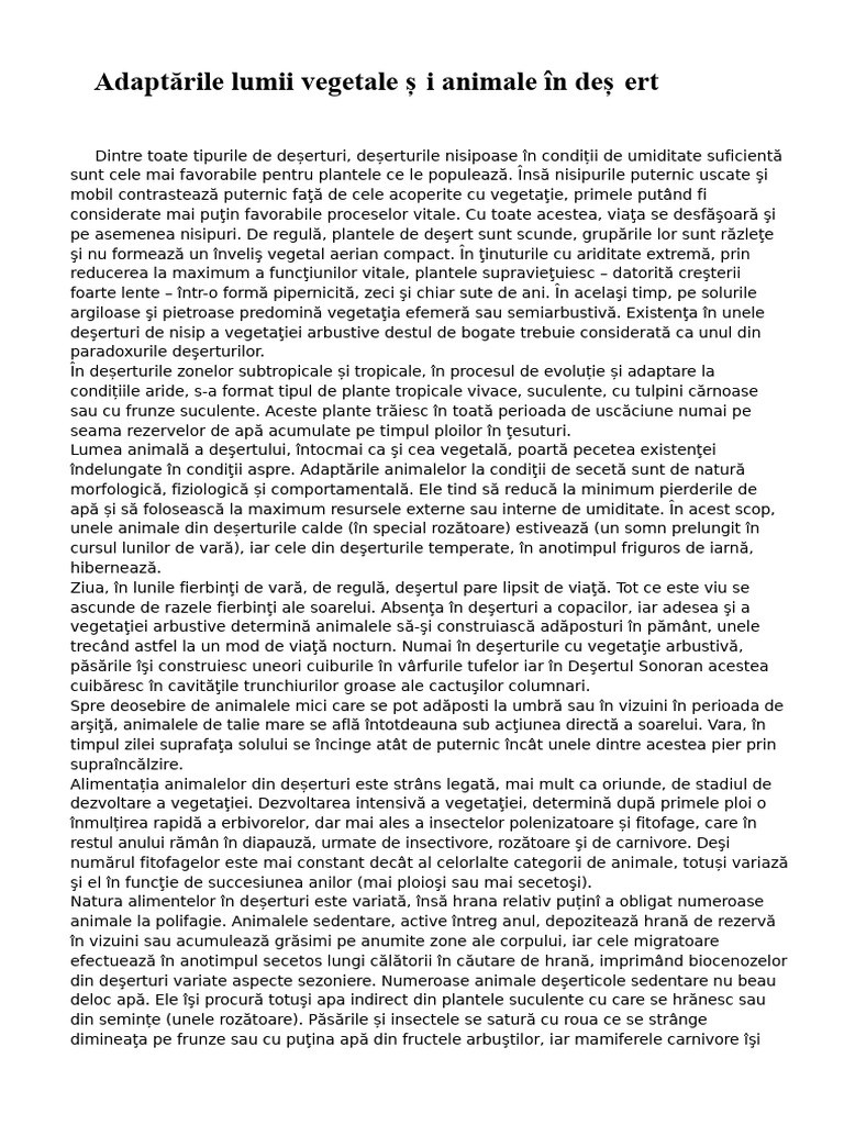Adaptările Lumii Vegetale Ș I Animale În Deș Ert | PDF