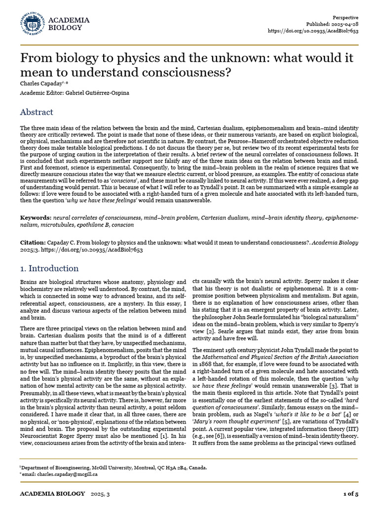 From Biology To Physics and The Unknown | PDF | Philosophy Of Mind | Consciousness