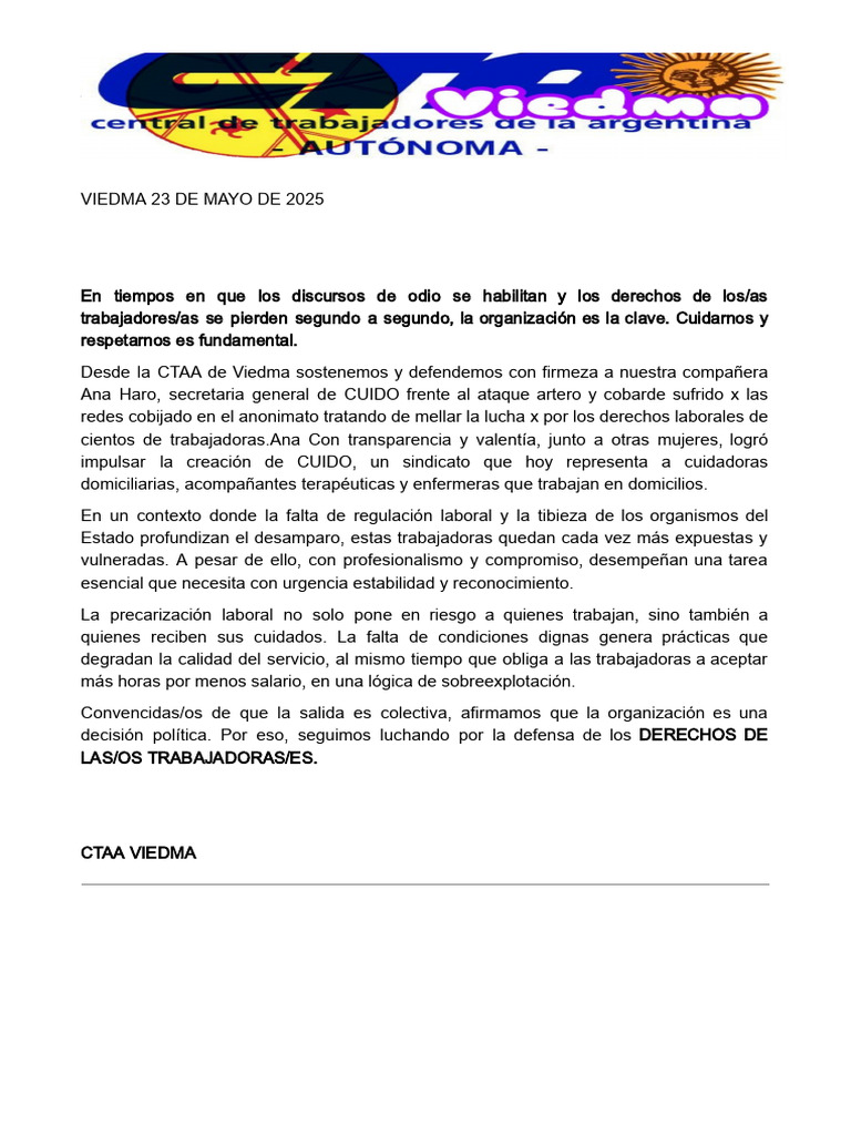 Repudio CTAA Agresión A Secretaría CUIDO | PDF