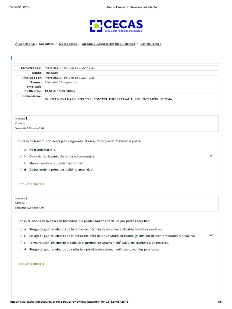 Control Tema 1 - Revisión Del Intento Modulo 2 | PDF | Póliza de seguros