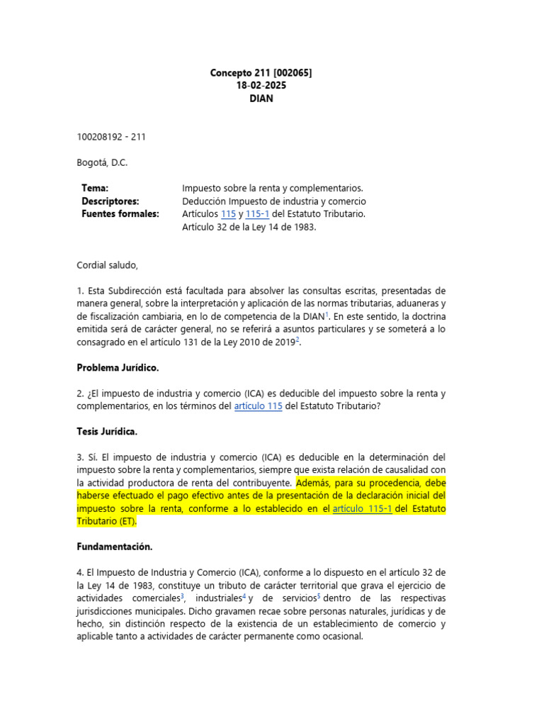 Concepto Dian No 211 (002065) - 18-02-2025 - Deducción Impuesto de Ica - OK | PDF | Impuestos ...
