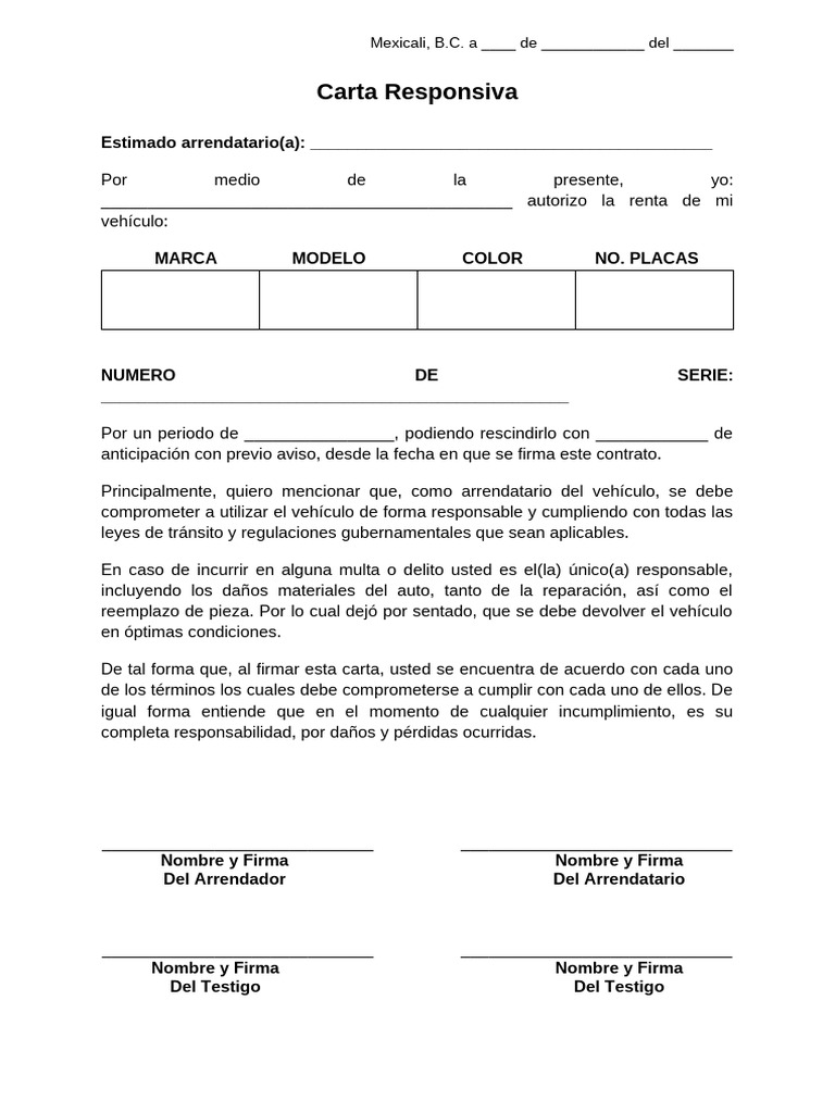 Carta Responsiva Renta de Vehiculo | PDF