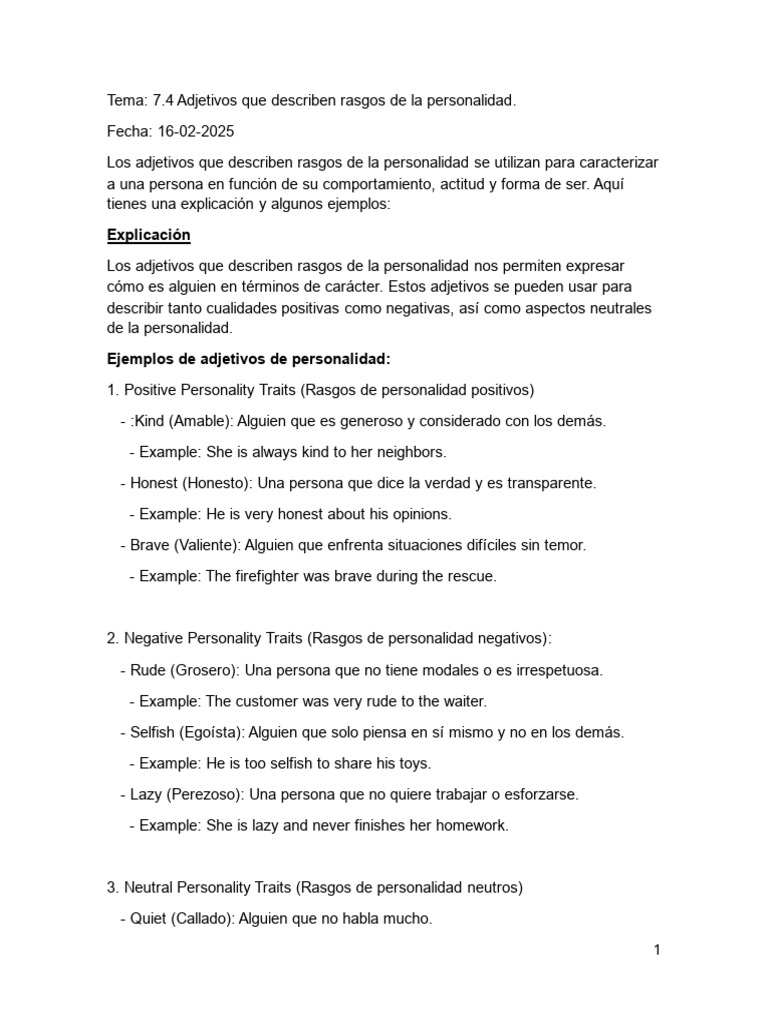 7.4 Adjetivos Que Describen Rasgos de Personalidad en Ingles | PDF