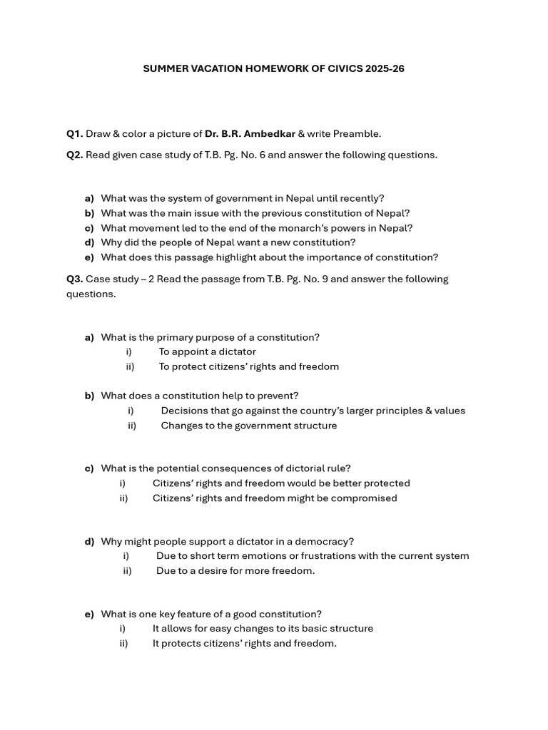 Summer Vacation Homework of Civics 2025 | PDF
