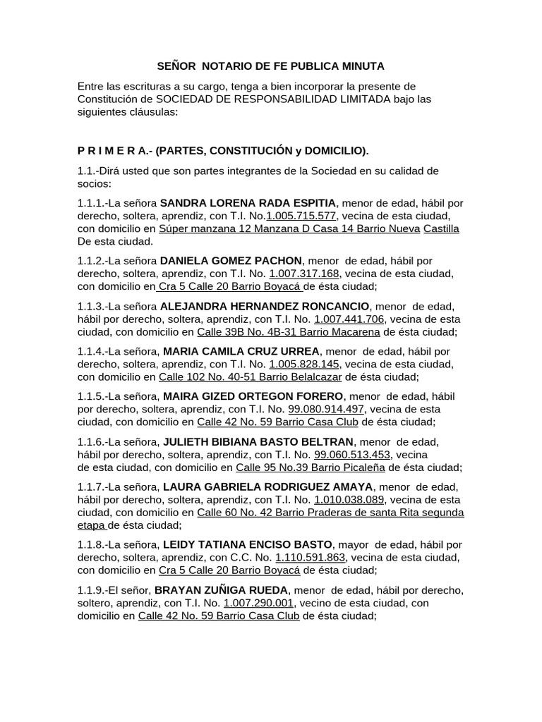 Minuta de Constitucion Empresa de Transp | PDF | Salario | Sociedad de responsabilidad limitada