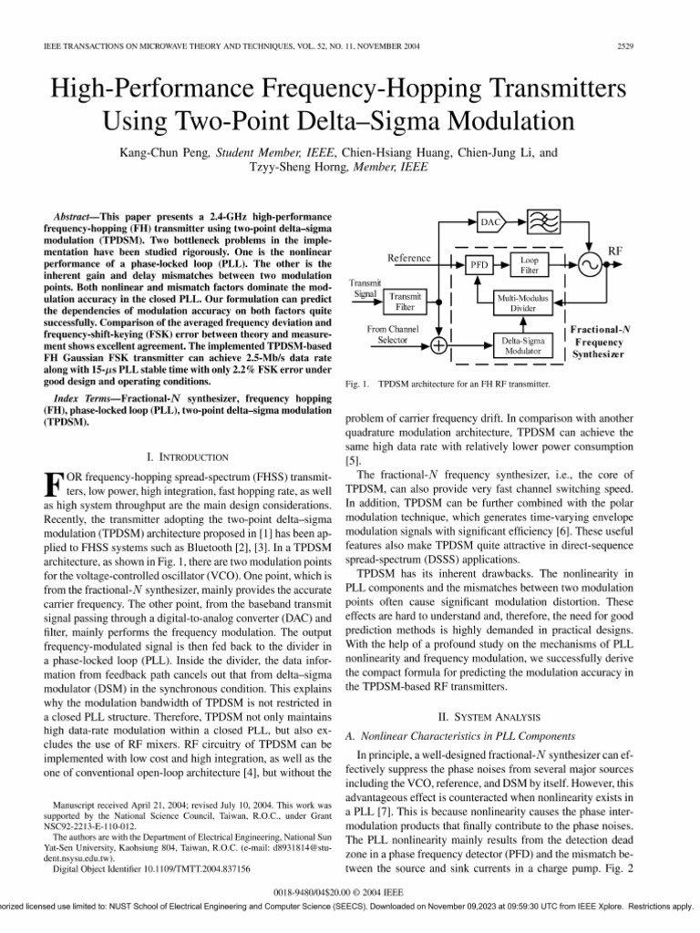 2004- Frequency-Hopping Transmitters Using delta-sigma mod 2.4GHZ | PDF