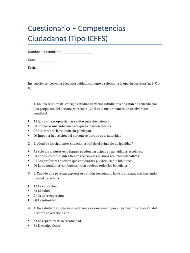 Cuestionario Competencias Ciudadanas ICFES | PDF