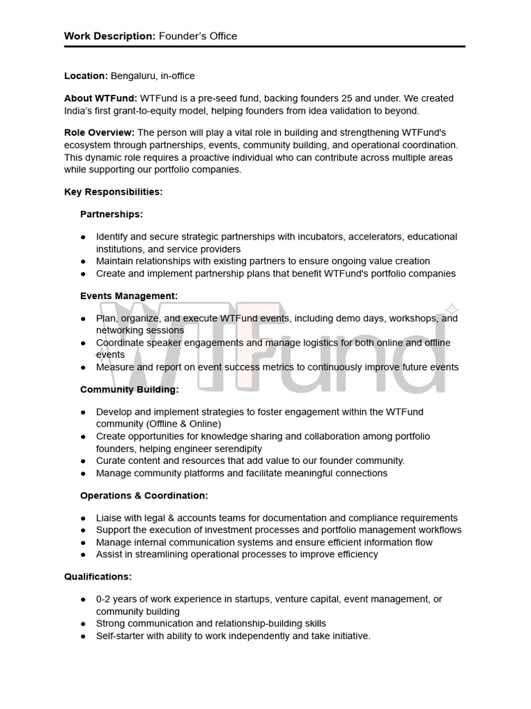 Founder’s Office Role at WTFund | PDF | Startup Company | Small ...