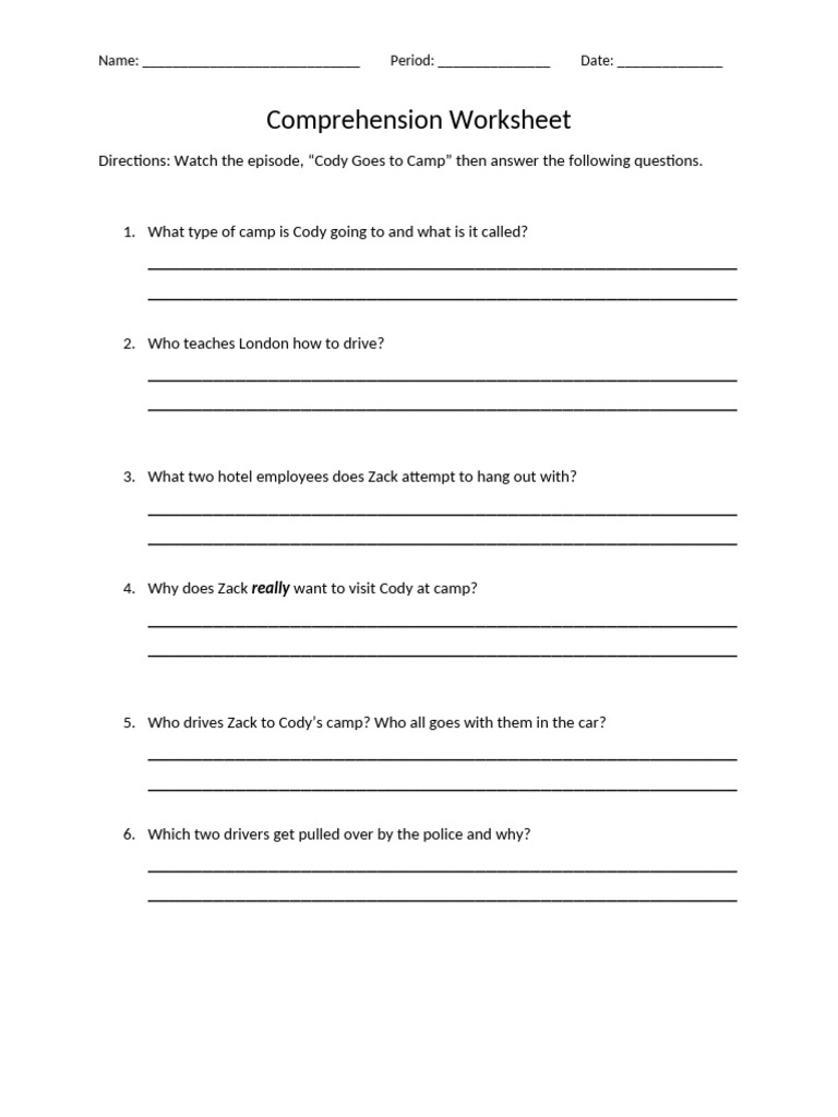 "Cody Goes to Camp Comprehension Questions" | PDF