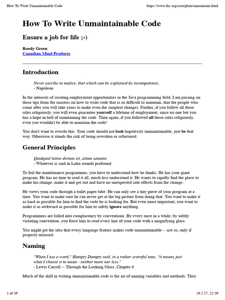 How To Write Unmaintainable Code | PDF | Class (Computer Programming) | Method (Computer ...
