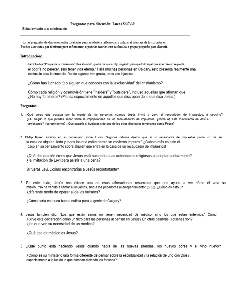 Preguntas para Discusión: Lucas 5:27-39 | PDF | Jesús | Creencia religiosa y doctrina