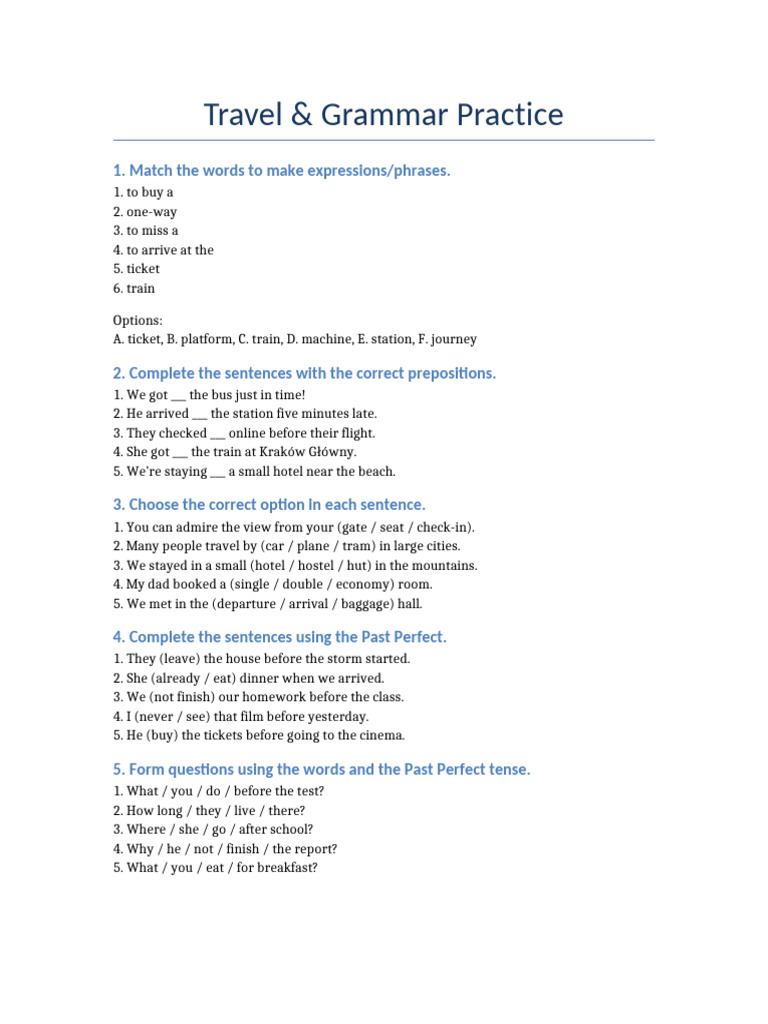Travel Grammar Exercises A1 | PDF